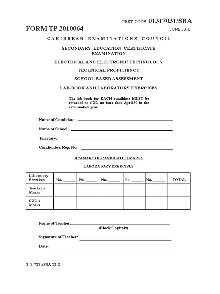 CXC - Csec - Electrical Electronnics - Sba Booklet 2010 | PDF | Logic Gate | Electronic Circuits