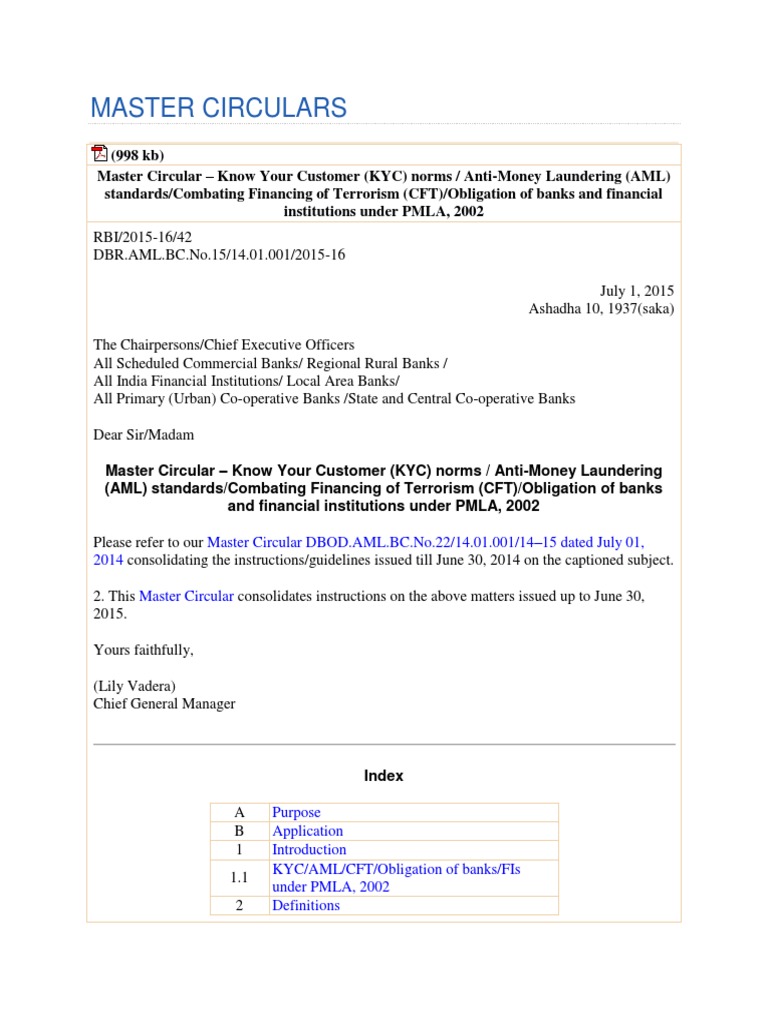 Master Circulars Rbi Aml Kyc | PDF | Money Laundering | Financial ...