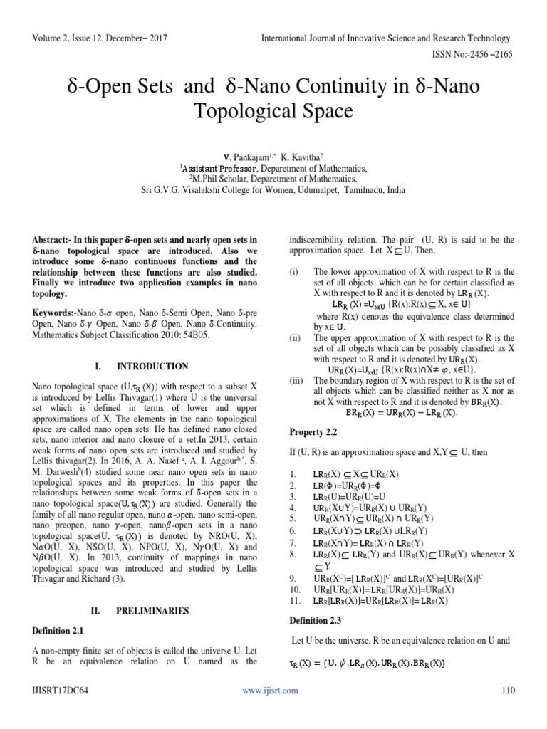 δ Open Sets and δ Nano Continuity in δ Nano Topological Space | PDF | Visual Cortex | Continuous ...