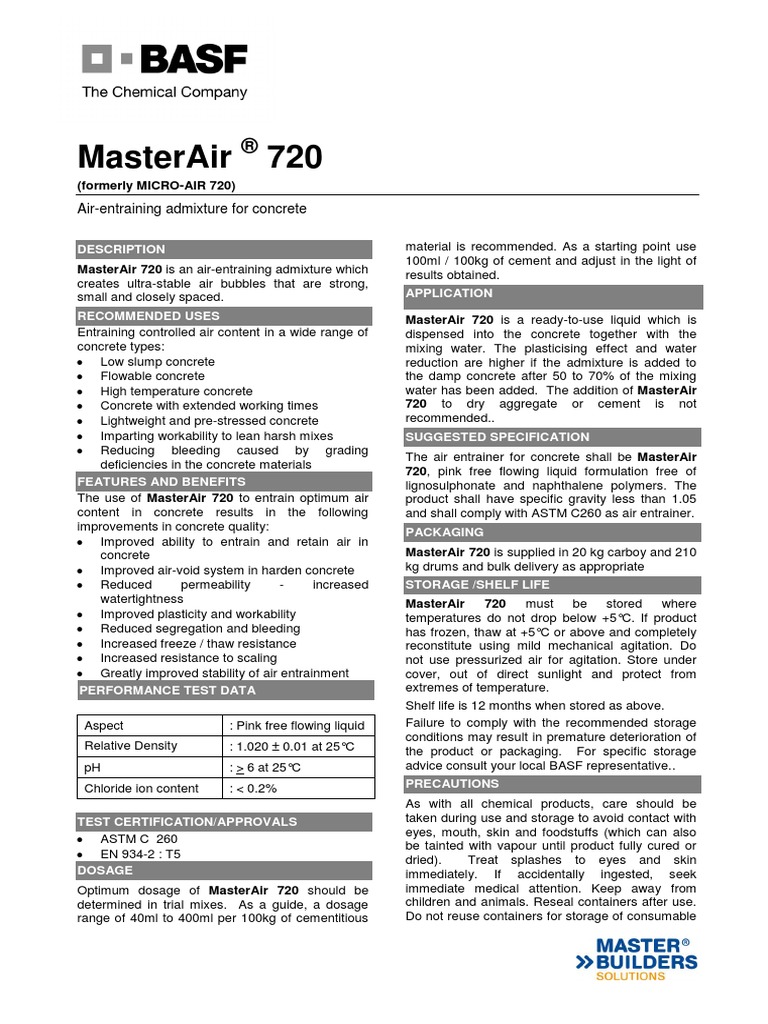 Basf MasterAir 720 v1 Tds | PDF | Concrete | Materials