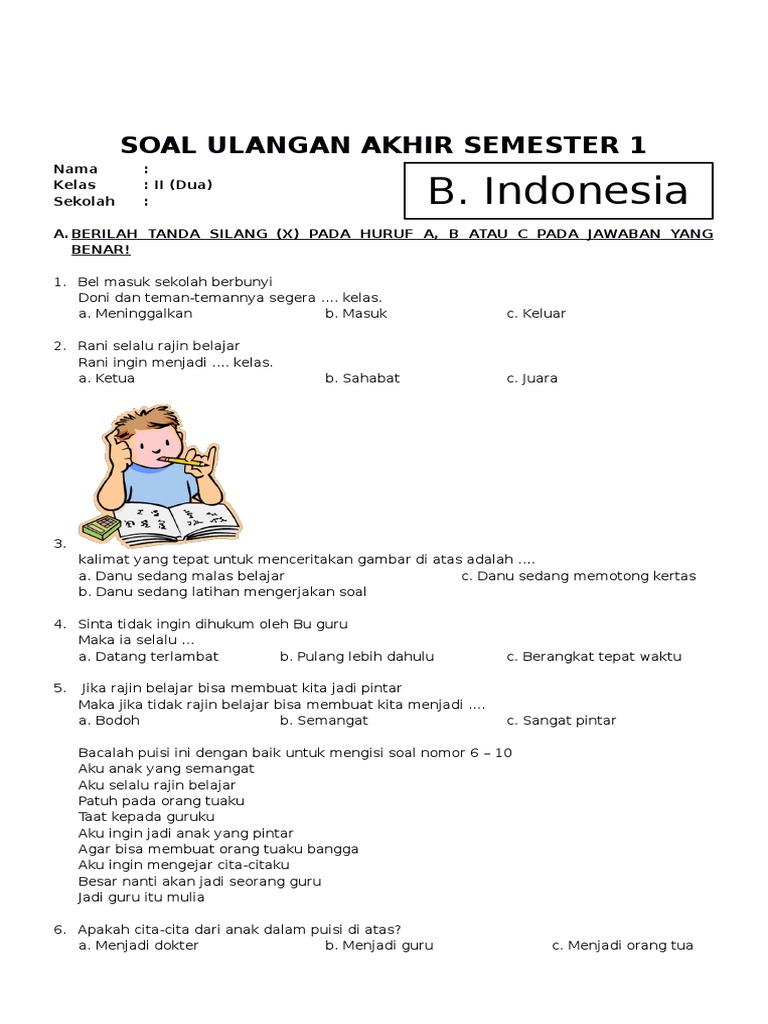Soal UAS Bahasa Indonesia Kelas 2 SD Semester 1 (Ganjil) Dan Kunci Jawaban | PDF