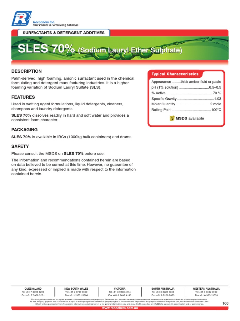 Industrial SLES 70 PDS Apr10 | PDF | Surfactant | Chemical Substances