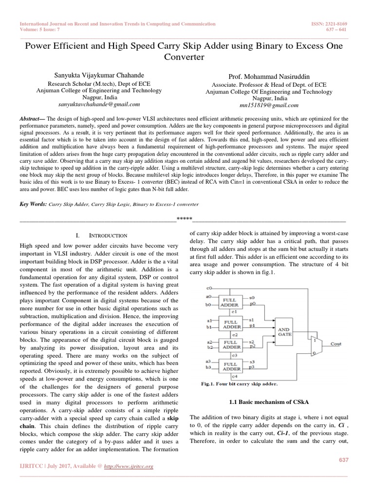 Power Efficient and High Speed Carry Skip Adder Using Binary To Excess One Converter | PDF ...