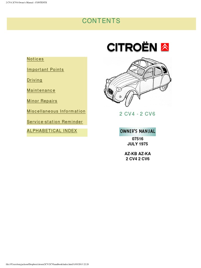Citroën 2CV Owner's Manual Overview | PDF | Trunk (Car) | Lock ...