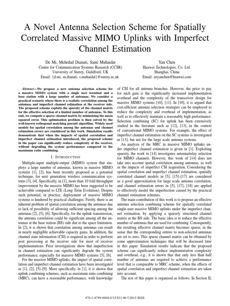 A Novel Antenna Selection Scheme For Spatially Correlated Massive MIMO Uplinks With Imperfect ...