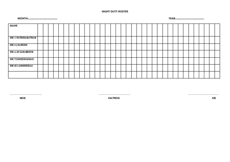 Night Duty Roster MONTH..................................... YEAR