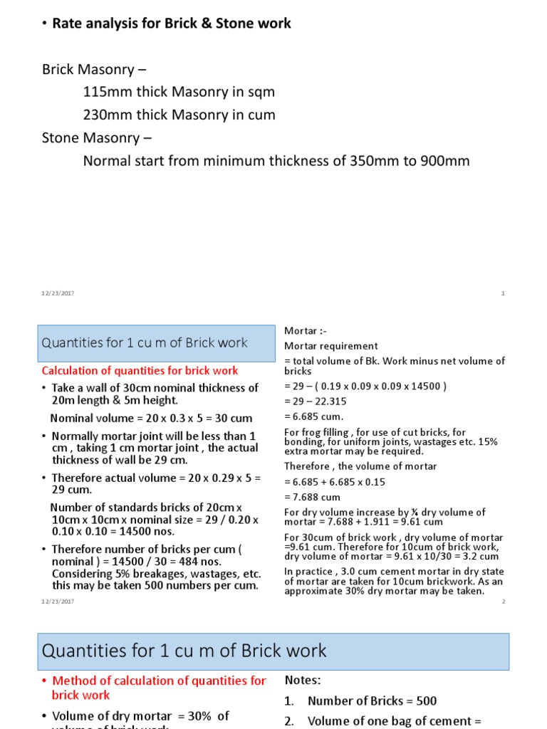 2.rate Analysis 22.1.15 Brick & Stone Masonry | PDF | Mortar (Masonry ...