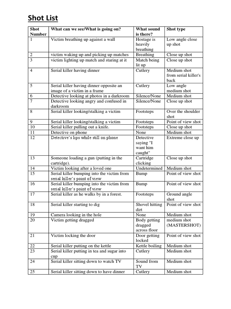 Shot List: Shot Number What Can We See/what Is Going On? What Sound Is ...