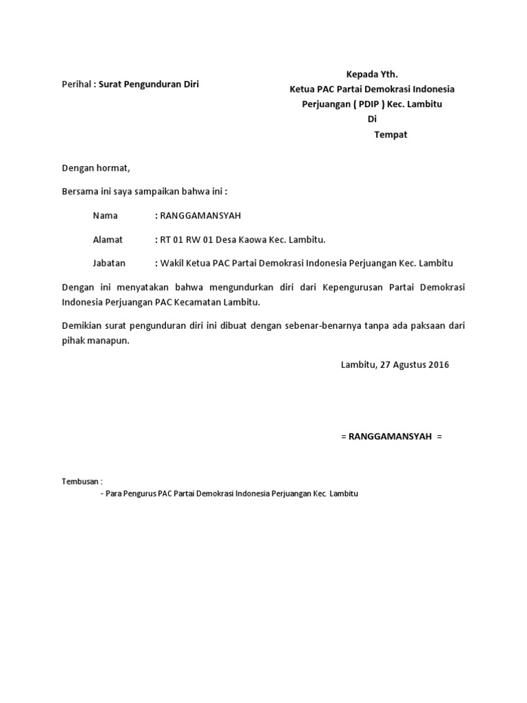 Surat Pengunduran Diri PDIP Lambitu | PDF