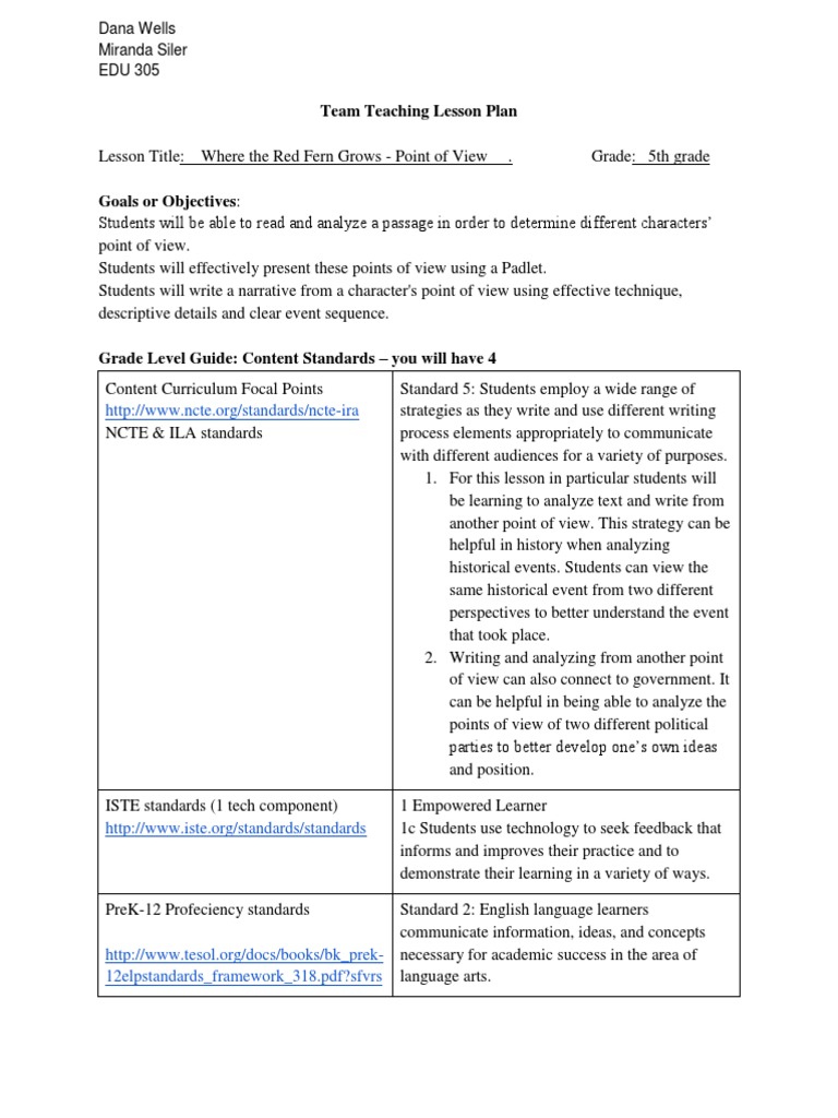 305 Team Teaching Lesson Plan | PDF | Educational Assessment | Narration