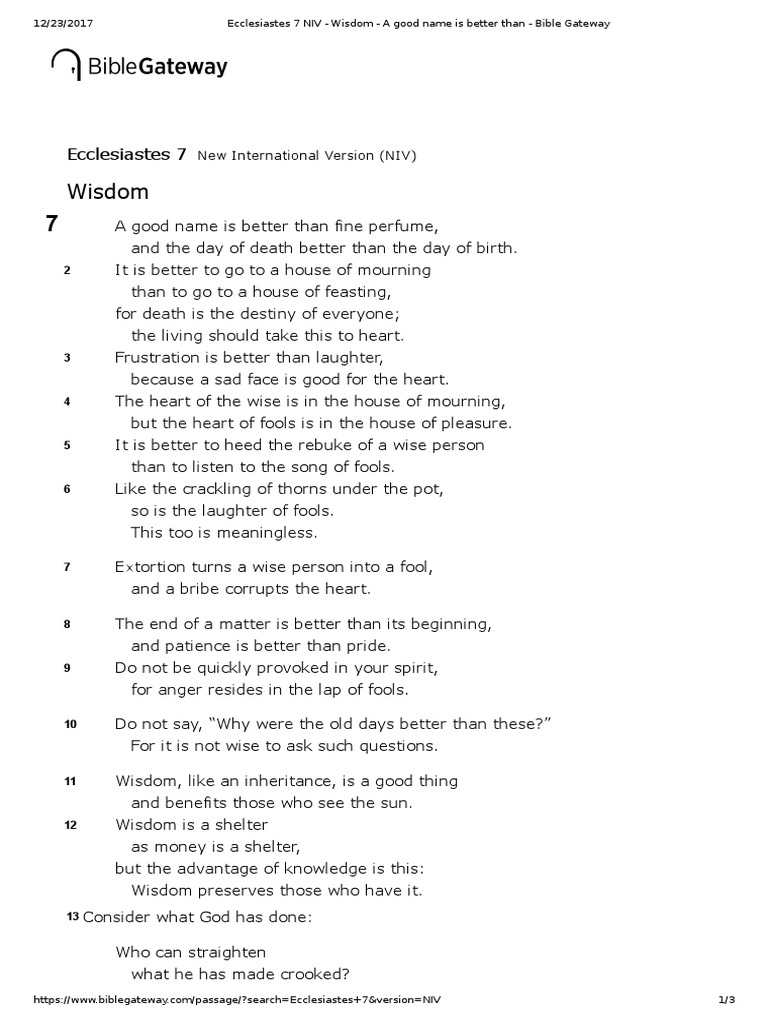 Ecclesiastes 7 NIV - Wisdom - A Good Name Is Better Than - Bible ...