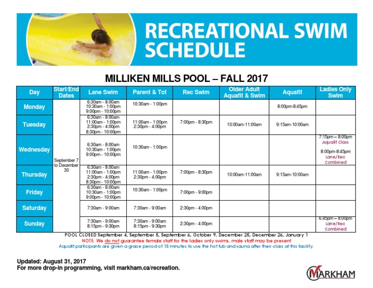 Milliken Mills Pool Fall Schedule 2017 | PDF | Leisure | Sports