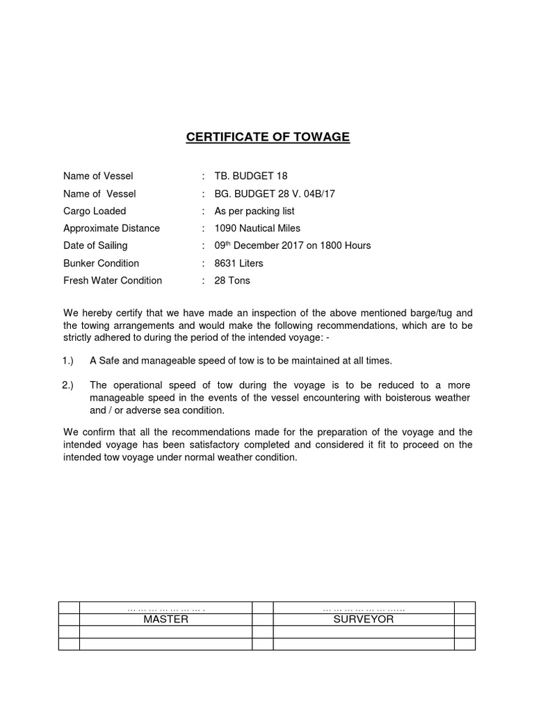 Towing&Lashing Certificate 2017 | PDF | Tonnage | Tugboat