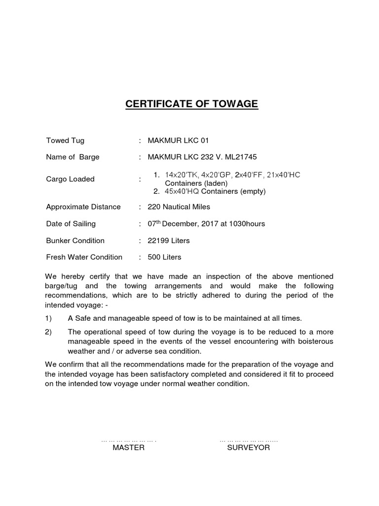 Certificate Towing&Lashing 2017 | PDF | Tonnage | Tugboat