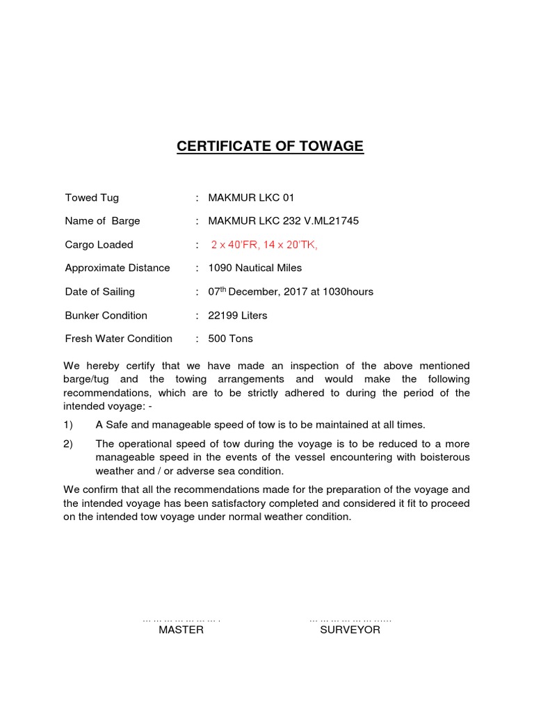Towing Certificate for MAKMUR LKC 232 | PDF | Watercraft | Shipping