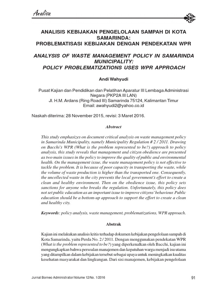 Analysis of Waste Management Policy in Samarinda Municipality: A ...