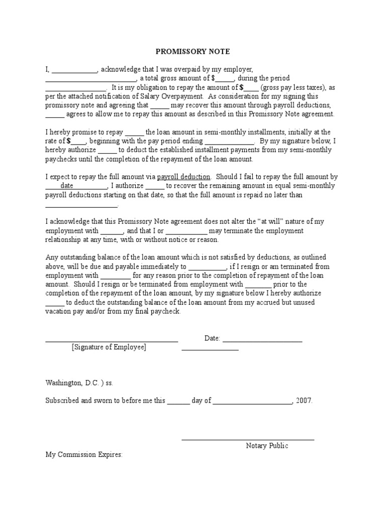 Employee Promissory Note for Overpayment | PDF