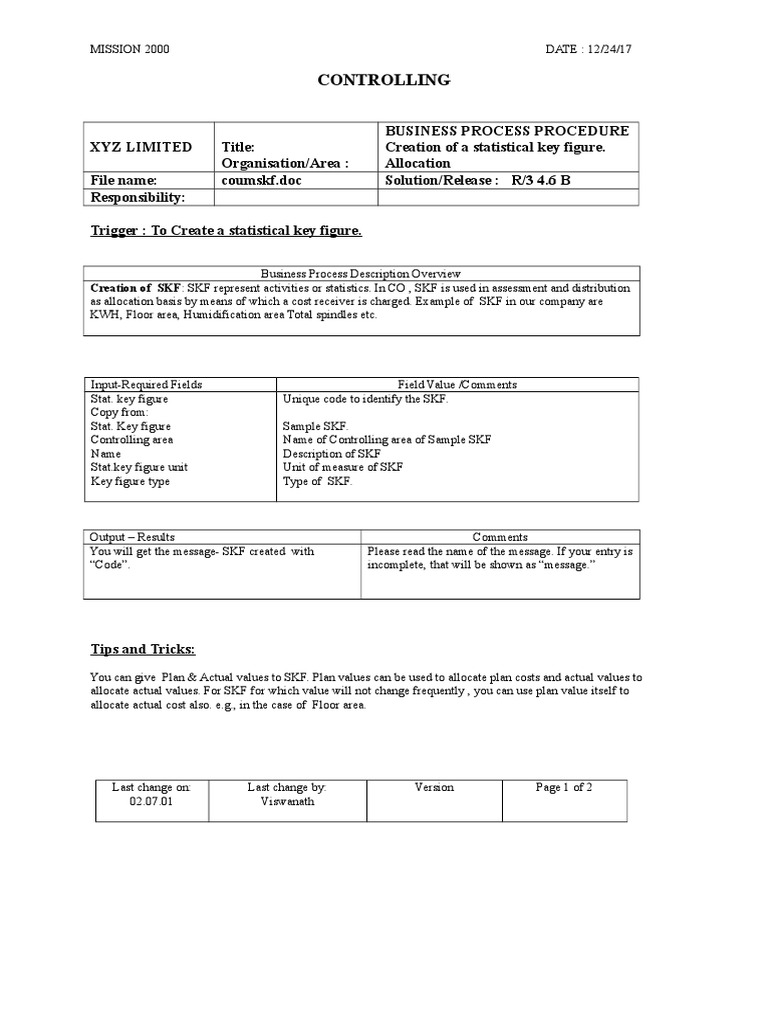 Controlling: Creation of SKF: SKF Represent Activities or Statistics ...