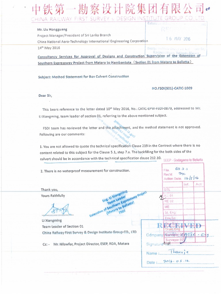 FSDI-CATIC-1009 Method Statement For Box Culvert Construction | PDF