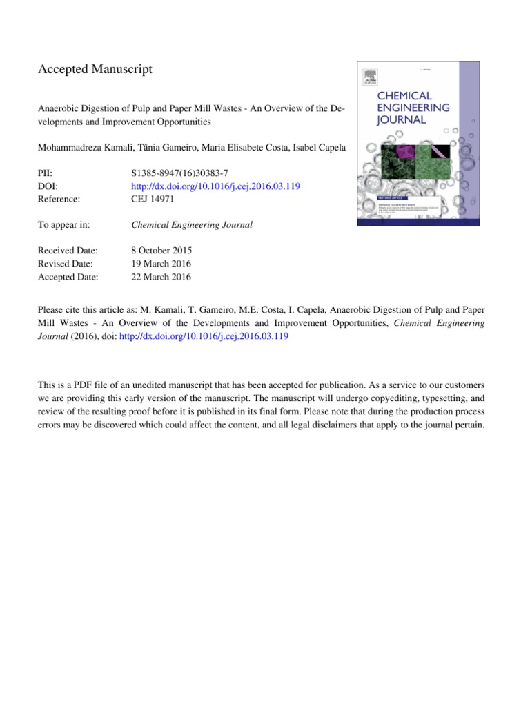 Accepted Manuscript: Chemical Engineering Journal | PDF | Anaerobic Digestion | Pulp (Paper)