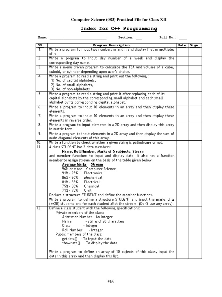 Index For C Programming Computer Science 083 Practical File For Class Xii Pdf Pointer 