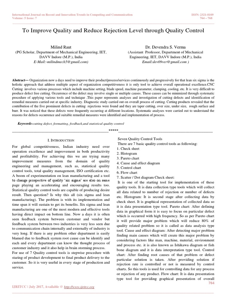 To Improve Quality and Reduce Rejection Level Through Quality Control ...