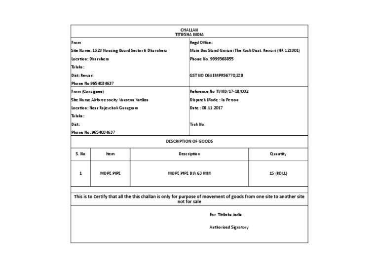 This Is To Certify That All The This Challan Is Only For Purpose of ...