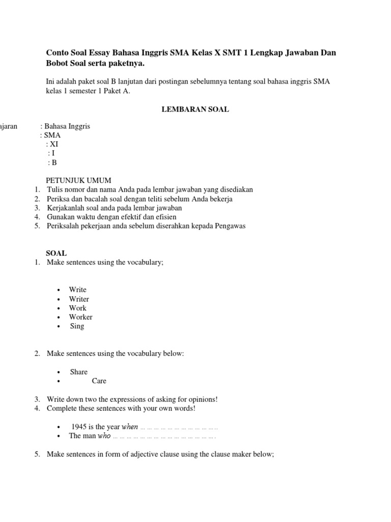 Conto Soal Essay Bahasa Inggris SMA Kelas X SMT 1 B | PDF | Subject ...