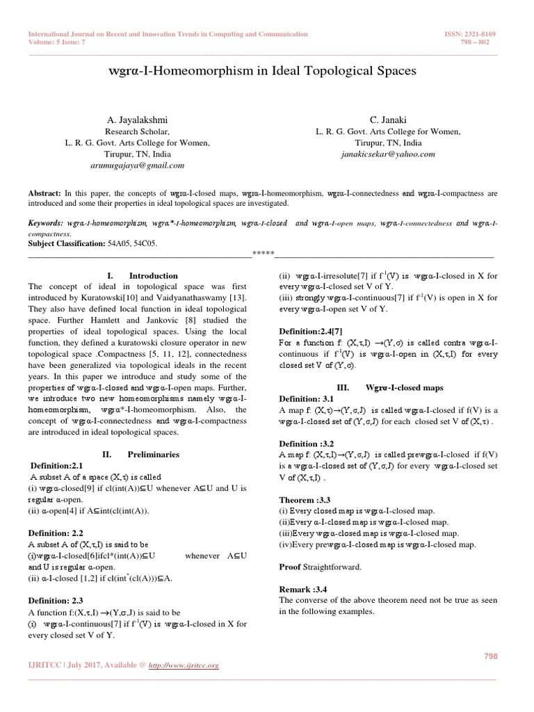 Wgr I Homeomorphism In Ideal Topological Spaces Pdf Continuous Function Compact Space
