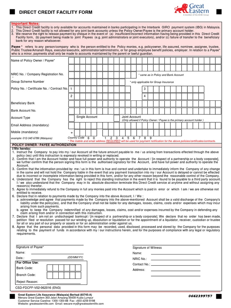 Direct Credit Facility Form: Important Notes | PDF | Payments | Liquidation