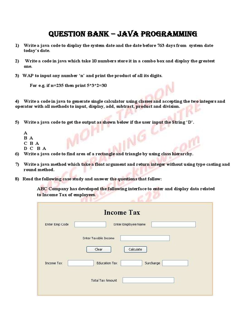 Question Bank Java Programming Pdf Class Computer Programming