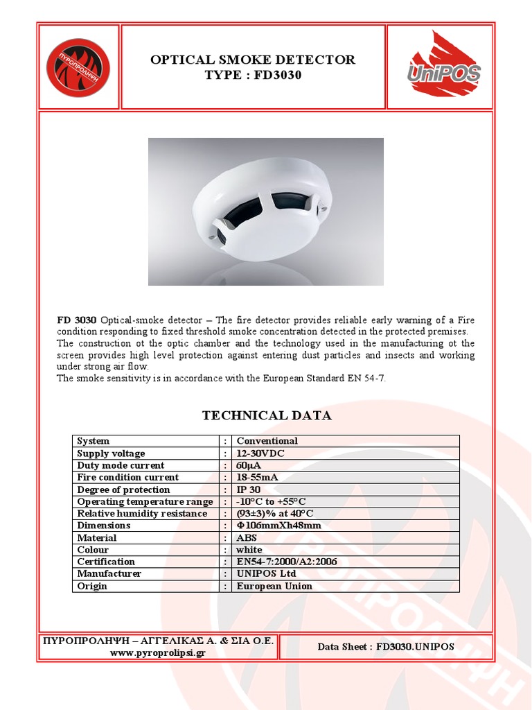 FD3030 Optical Smoke Detector Data Sheet | PDF | Smoke | Equipment