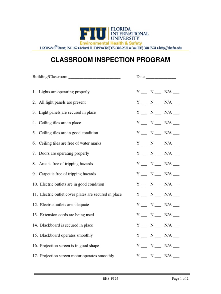 Form 124 - Classroom Inspection Checklist | Building Engineering