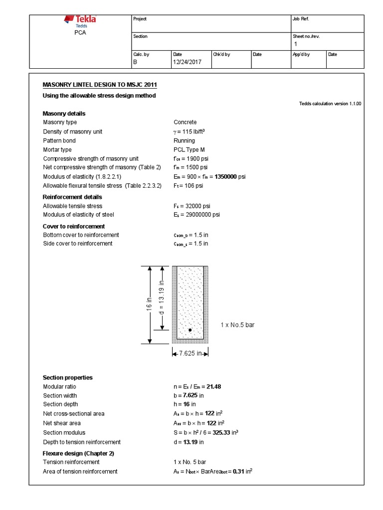 Masonry Lintel Design (MSJC) | PDF | Bending | Strength Of Materials
