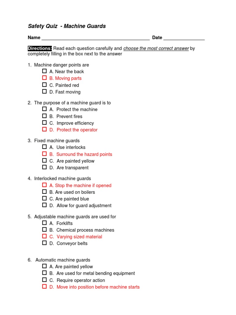 Safety Quiz - Machine Guards: Directions | PDF