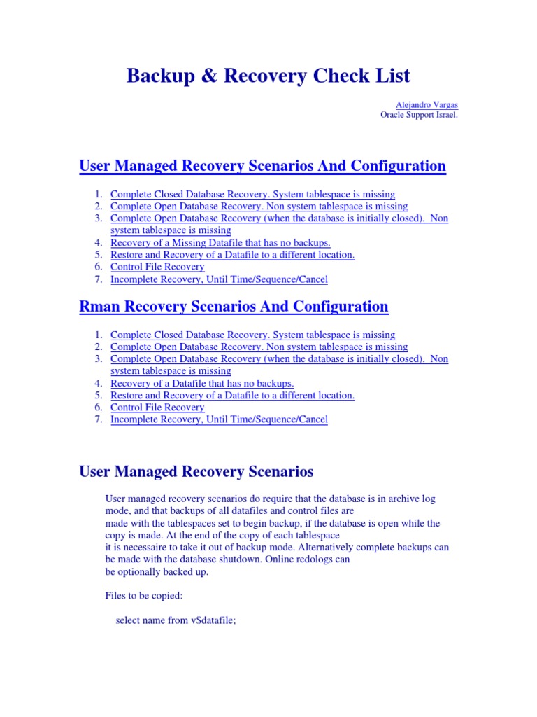 Backup and Recovery Checklist | Backup | Databases