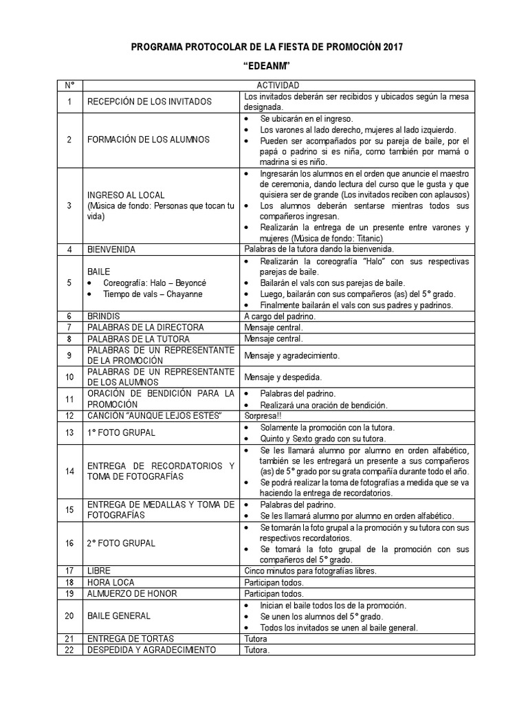 Programa Protocolar de La Fiesta de Promoción | PDF