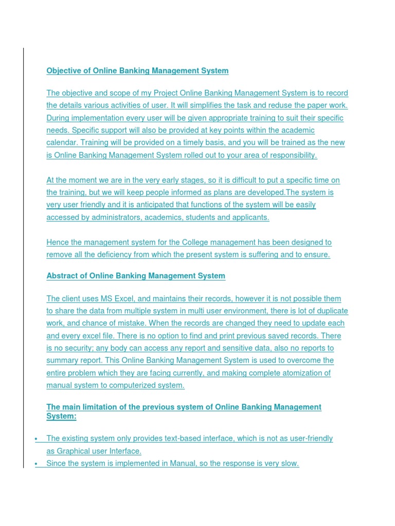 Objective of Online Banking Management System | PDF | Databases | Input/Output