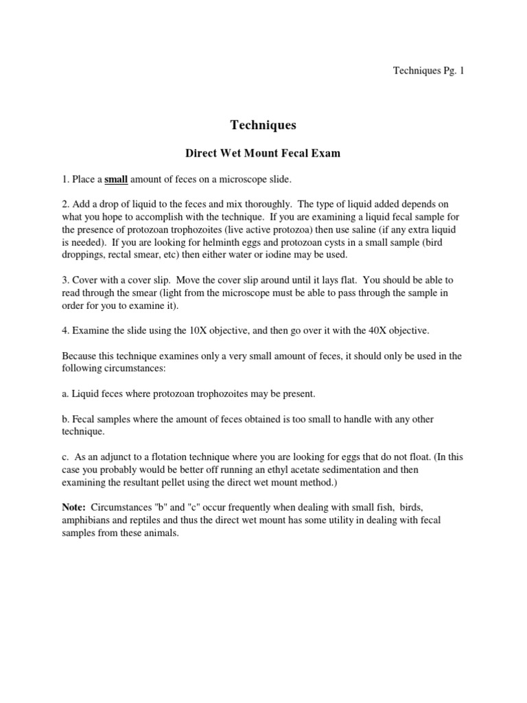 Techniques: Direct Wet Mount Fecal Exam | PDF | Staining | Centrifuge