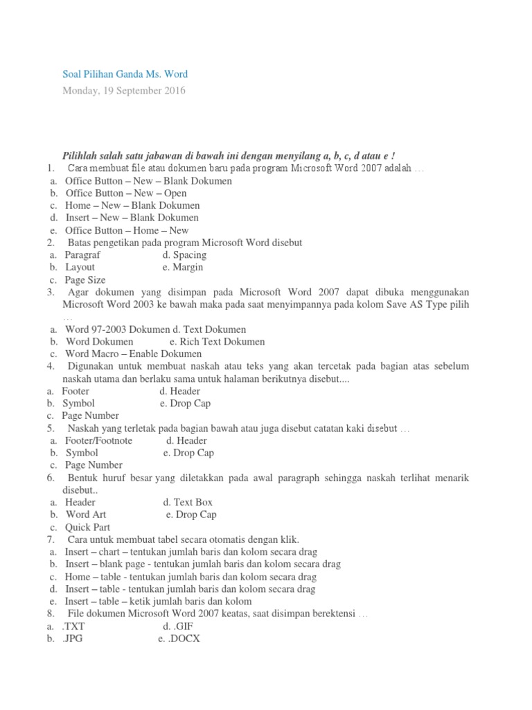 Soal Pilihan Ganda Ms WORD - 50 Soal | PDF