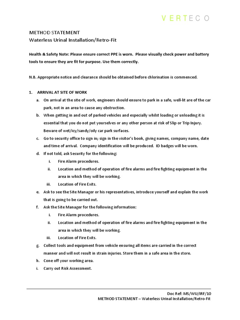 Verteco Method Statement Installation | PDF | Safety | Nature