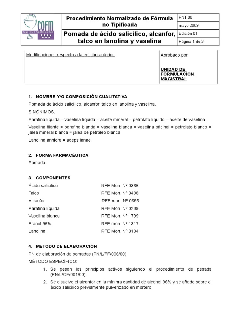 Pomada de Ácido Salicílico y Alcanfor | PDF | Medicación tópica | Farmacia