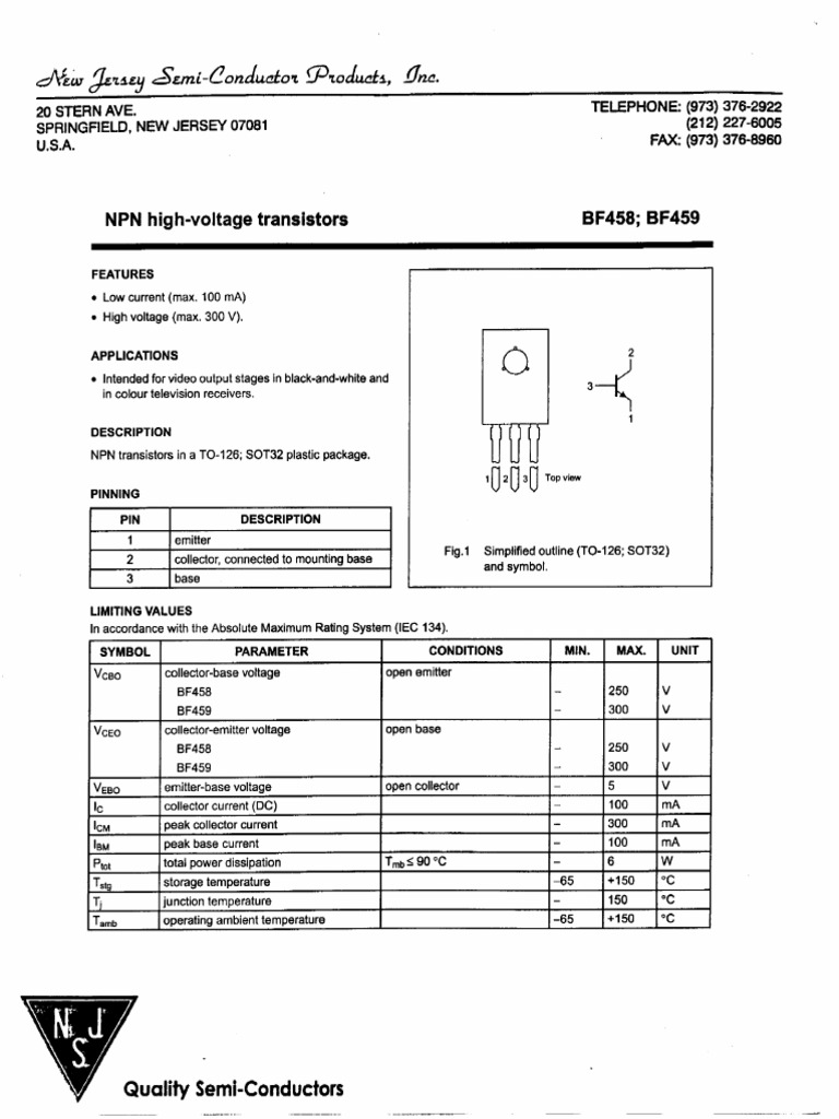 NPN High-Voltage Transistors BF458 BF459: Quality Semi-Conductors | PDF ...