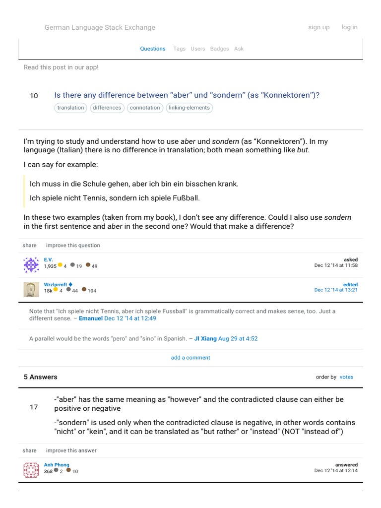 Is There Any Difference Between "Aber" Und "Sondern" (As "Konnektoren ...