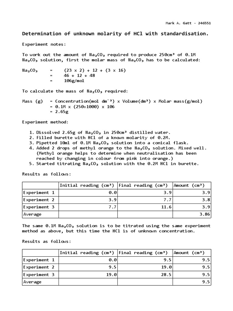Chemistry The Determination of An Unknow PDF | PDF | Molar ...