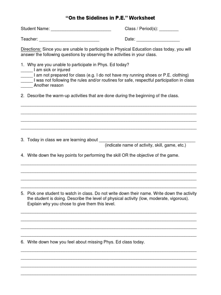 On The Sidelines Worksheet | PDF | Homework | Physical Education