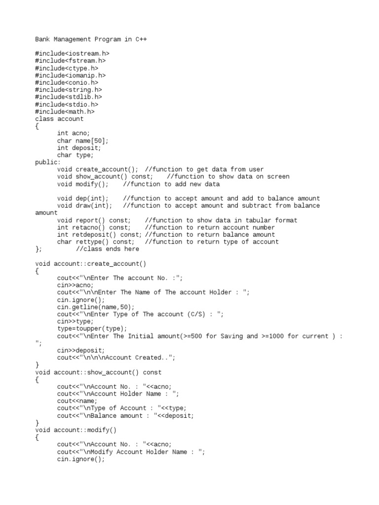Class XII CS PROJECT Bank Management | PDF | C++ | Areas Of Computer ...