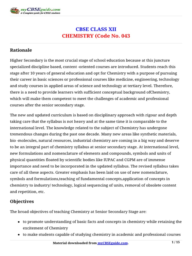 CBSE Class XII Chemistry Syllabus: An Overview of the Conceptual ...