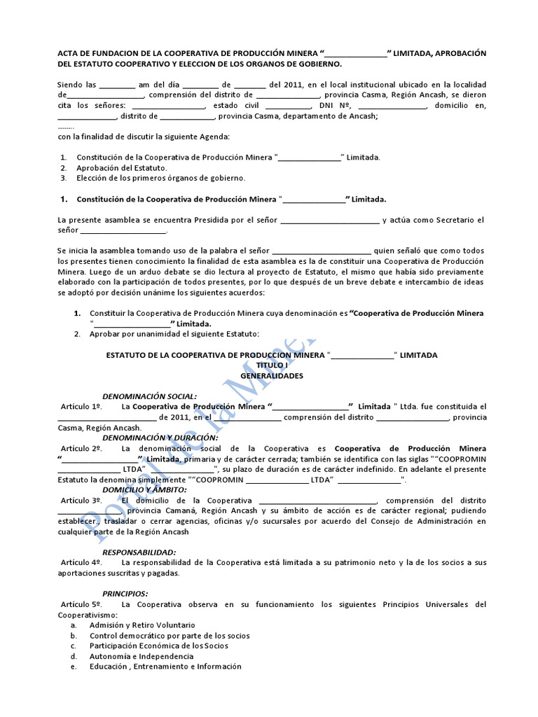 Acta de Fundacion y Aprobacion de Estatuto de Cooperativa Minera | PDF ... Acta de Fundacion y Aprobacion de Estatuto de Cooperativa Minera | PDF ...