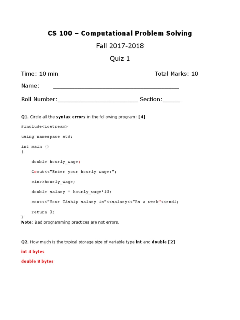 CS 100 - Computational Problem Solving: Fall 2017-2018 Quiz 1 | PDF